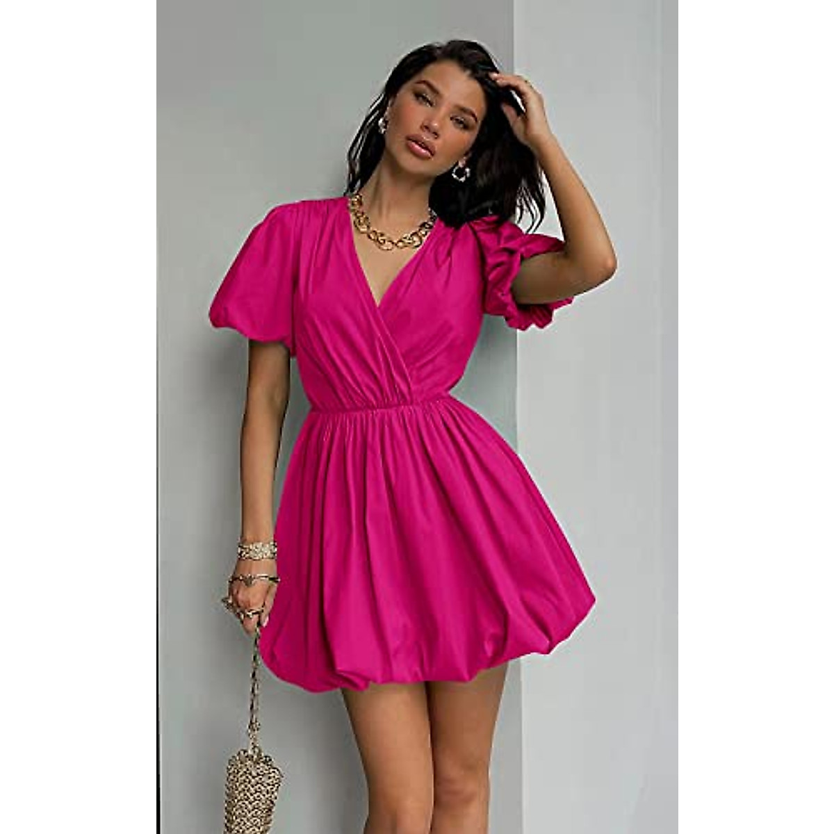 PRETTYGARDEN Women's Summer Puff Sleeve Short Mini Dress Flowy Ruffle V Neck A Line Wrap Dresses (Rose Red,Small)