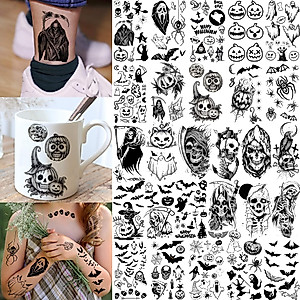 Shegazzi 52 Sheets Halloween Temporary Tattoos For Kids Boys Girls Women Men, 3D Scary Skull Skeleton Fake Tattoos Sticker For Adults, Small Ghost Vampire Bat Pumpkin Spider Temp Transfer Tatoos Devil