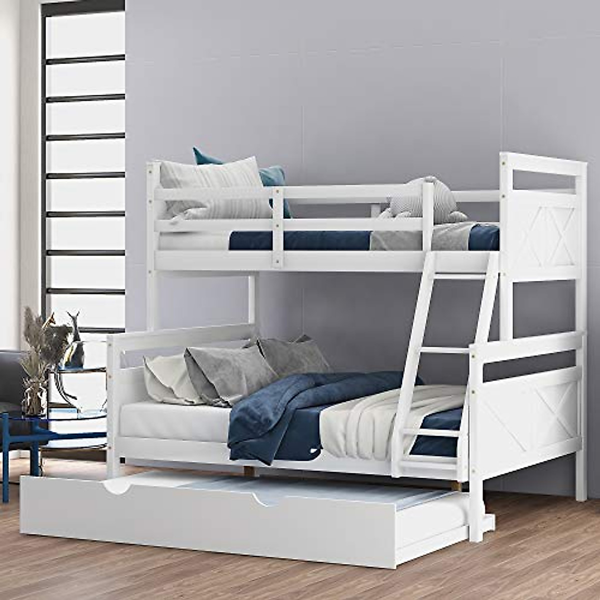 TARTOP Twin Over Full Bunk Bed with Trundle, Solid Wood Bunk Bed Frame with Ladder and Safety Guardrail, for Kids Teens Adults,No Spring Box Needed,White