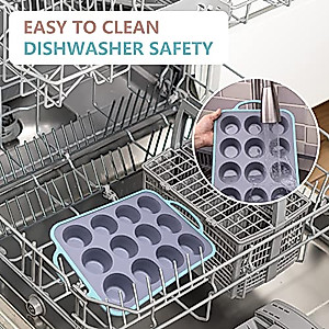 COOKSTYLE Silicone Muffin Pan, 12 Cups, Gray Blue Pink, BPA Free, Dishwasher Safe, Nonstick, Perfect for Baking Cakes, Cupcakes, Cookies