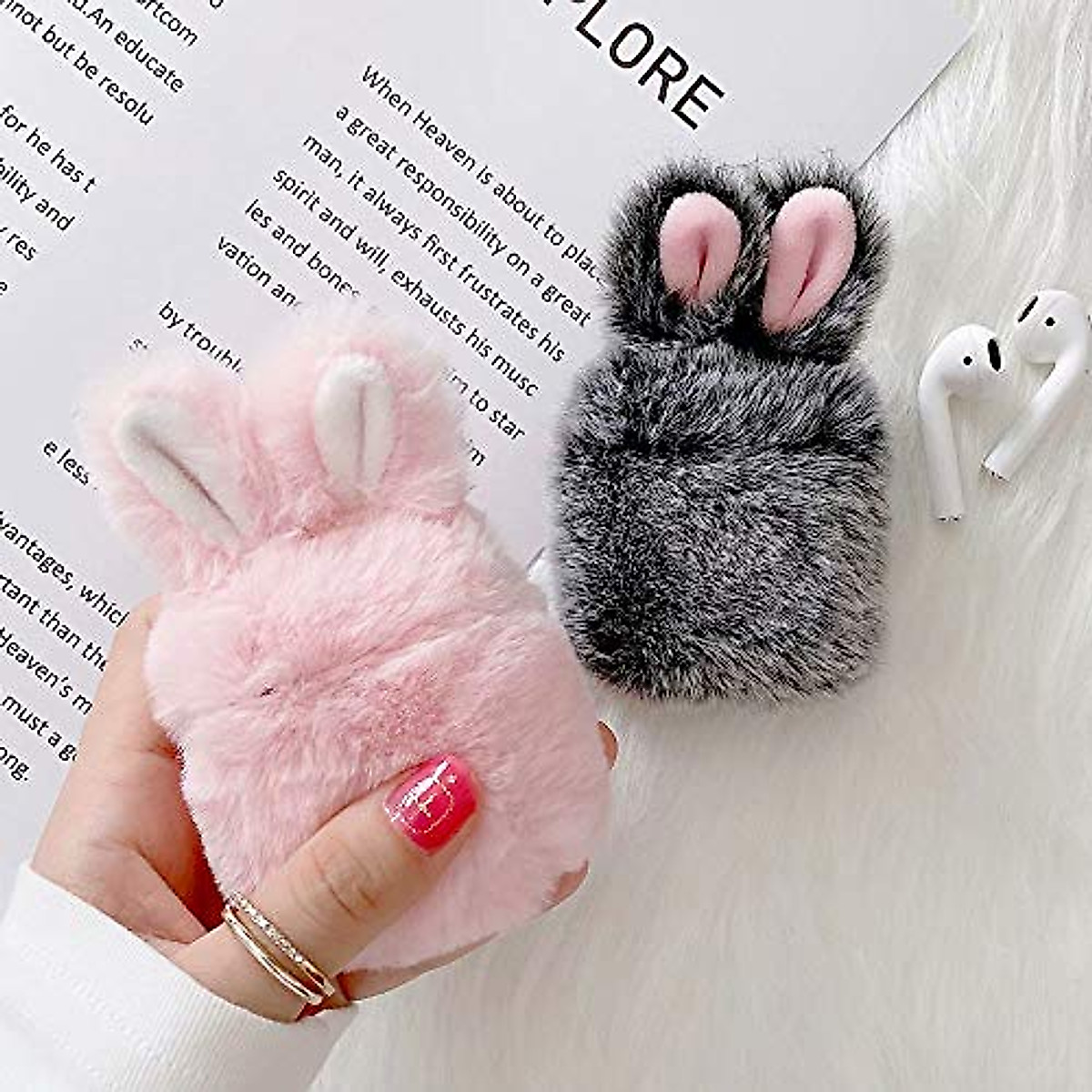 Case for Airpods 1 Case Airpods 2 Fluffy Rabbit Case Cover Plush Furry Fashion Cute Bunny Ear Faux Fur PC Protective Case Resistant Cover for Airpods 1st & 2nd Gen with Carabiner,Pink