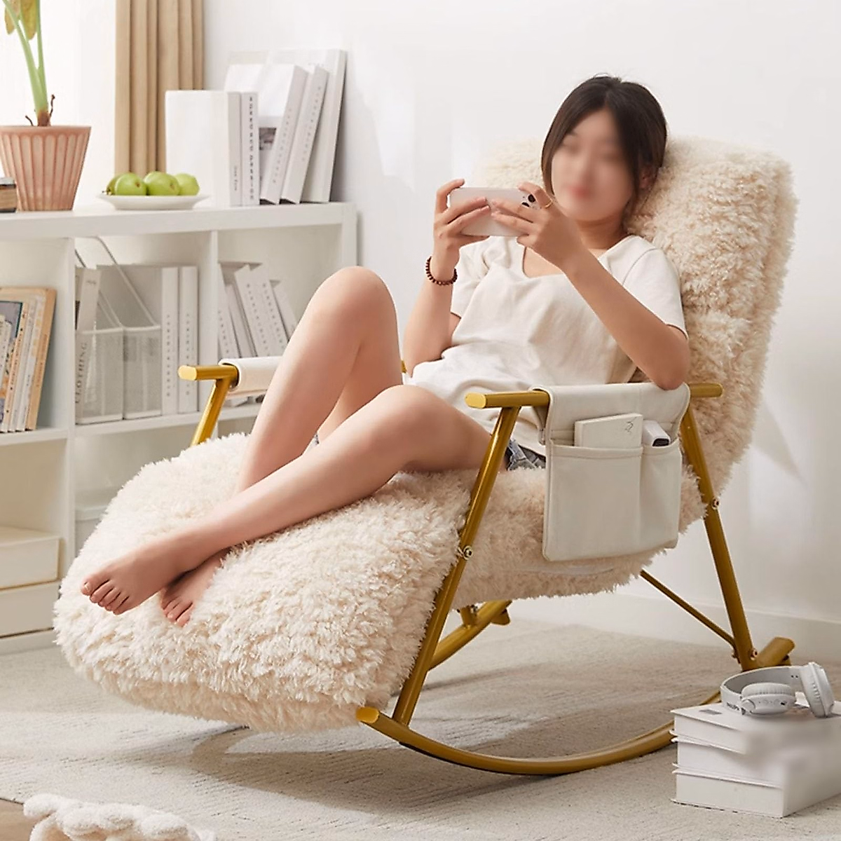 YNAYGDIUGD Upholstered Glider Rocker Chair,Outdoor Rocking Chair with Armrests,Patio Rocking Chair with Side Pockets,for Living Room, Hotel, Bedroom, Beige (Color : Gold)