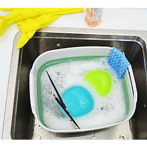 SAMMART 9L Collapsible Dishpan with Draining Plug - Foldable Washing Basin - Portable Dish Washing Tub - Space Saving Kitchen Storage Tray (Grey/Dark Sea Green, 1)