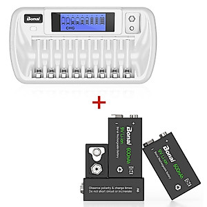BONAI 8+1 Bay Battery Charger with LCD Display for AA AAA NiMH NiCd 9V Rechargeable Batteries with 9V Lithium Rechargeable Batteries 600mAh High Capacity Long-Lasting & Economical 4 Pack