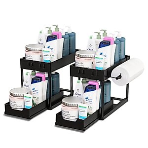 HomeCentral Under Sink Organizers and Storage, 2 Tier Kitchen and Bathroom Cabinet Organizer with Paper Towel Holder, 2 Pack Under Sink Organizer with Hooks, Cups and Pull Out Drawers