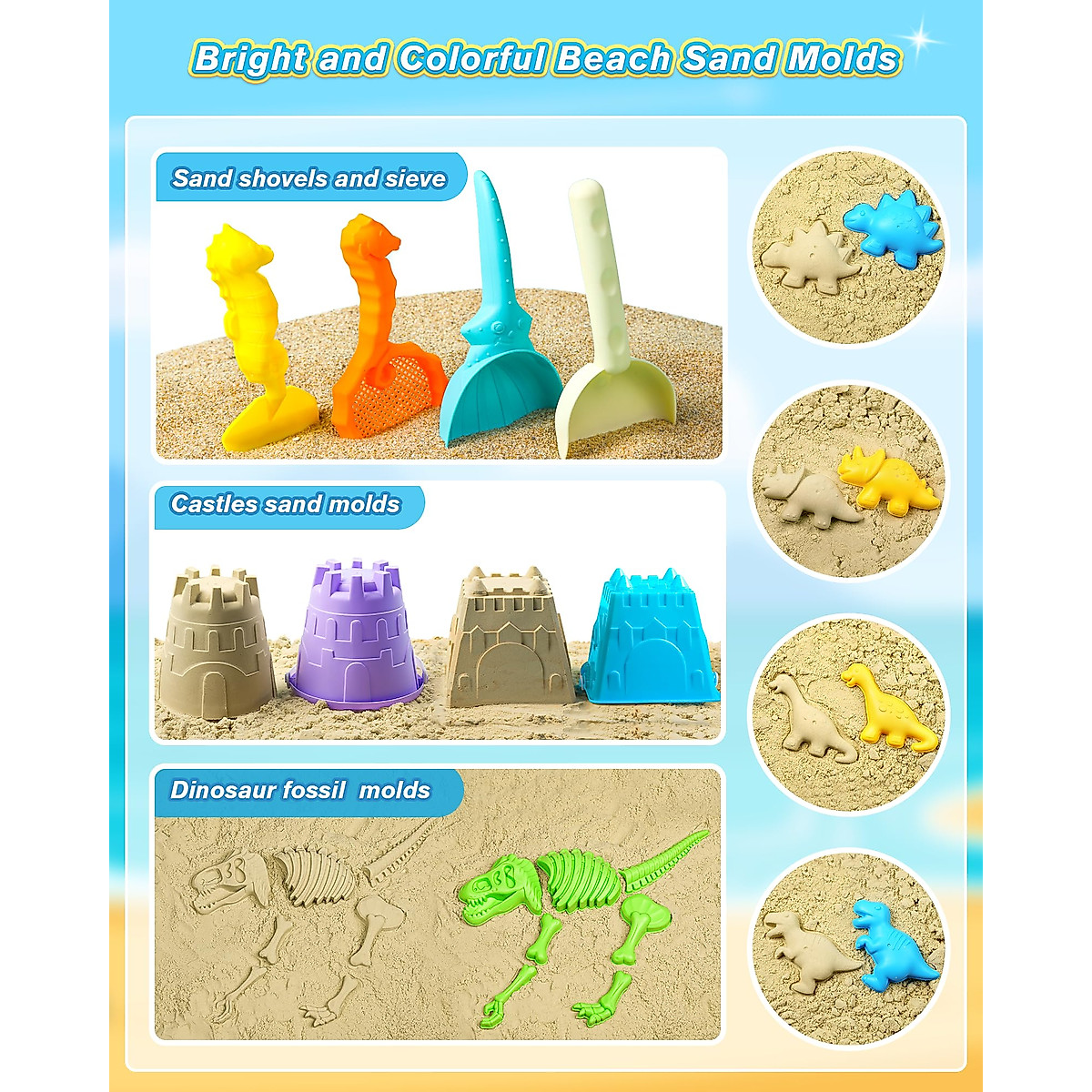 DISHIO Beach Sand Toys for Kids Sand Box Beach Toys with Mesh Bag,Sand Castle Bucket and Shovel,Sand Molds,Waterig Can, Sieve, Dinosaur Beach Toys Kit for Kids&Toddlers Outdoor Travel 18pcs