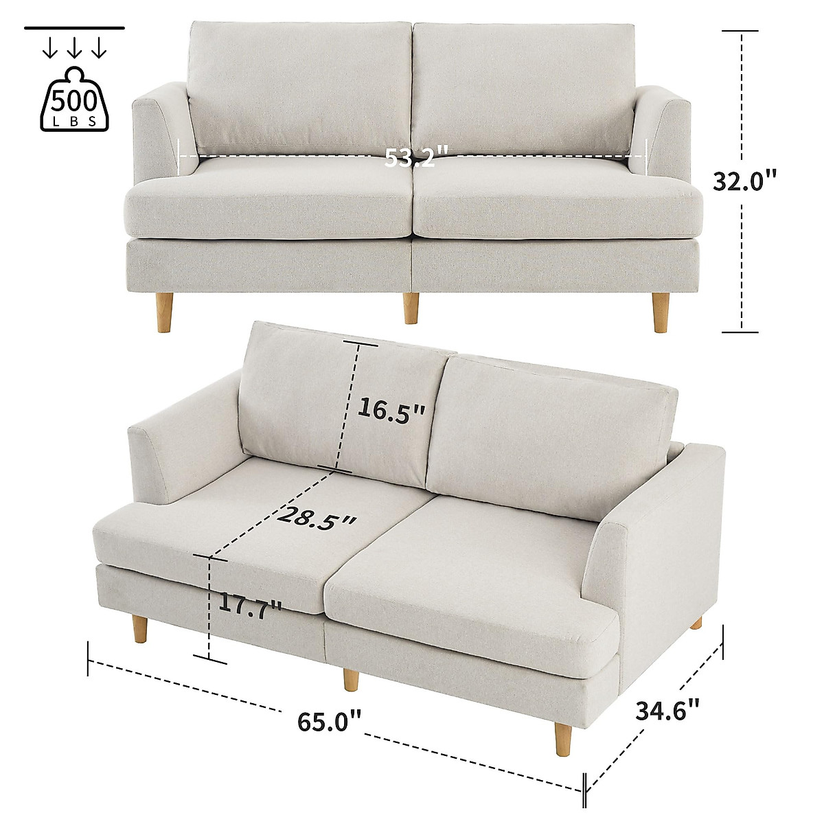 BFD Small Loveseat Sofa Couch, 65" Mid Century Modern Love Seat Couches for Living Room, Extra Deep 2-Seat Small Sofa Furniture for Small Spaces Apartment, Dorm, Office, Beige
