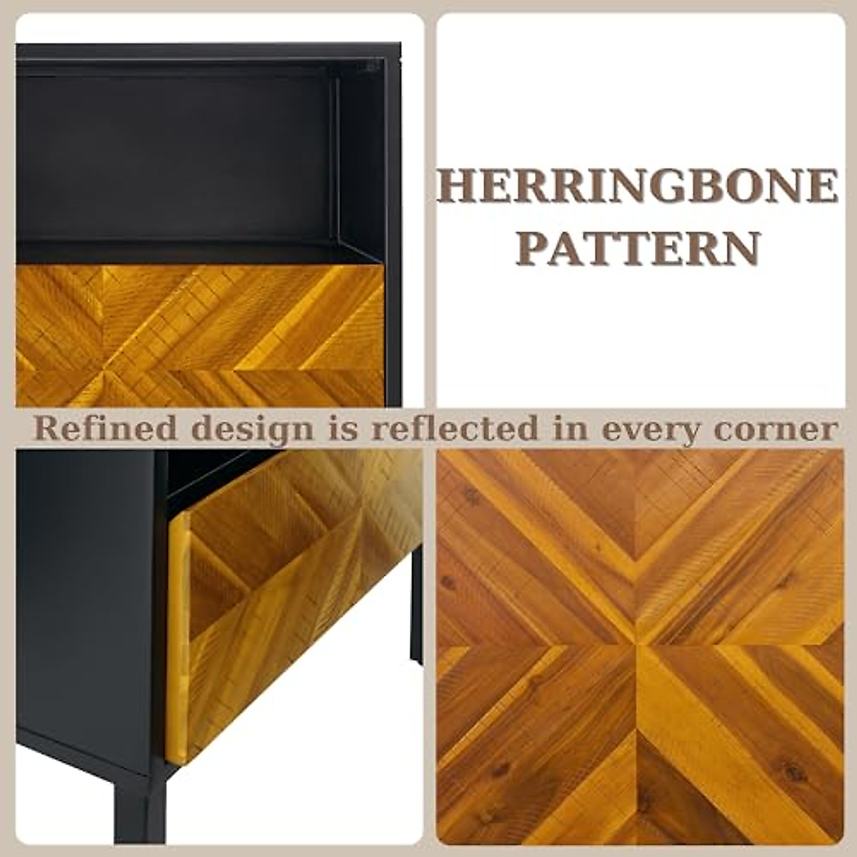 Bme Vivian Solid Wood Nightstand, End Table, Bedside Table with Herringbone Pattern for Rustic Bedroom, Easy Assembly, Rustic Golden Brown and Black