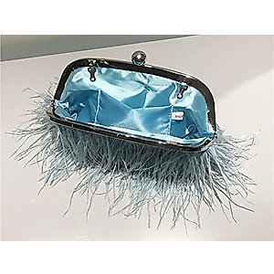 Vintage Fluffy Ostrich Feather Evening bags and Clutches for Women Pearl Chain Tote bags Bridal Purses Wedding Party Blue