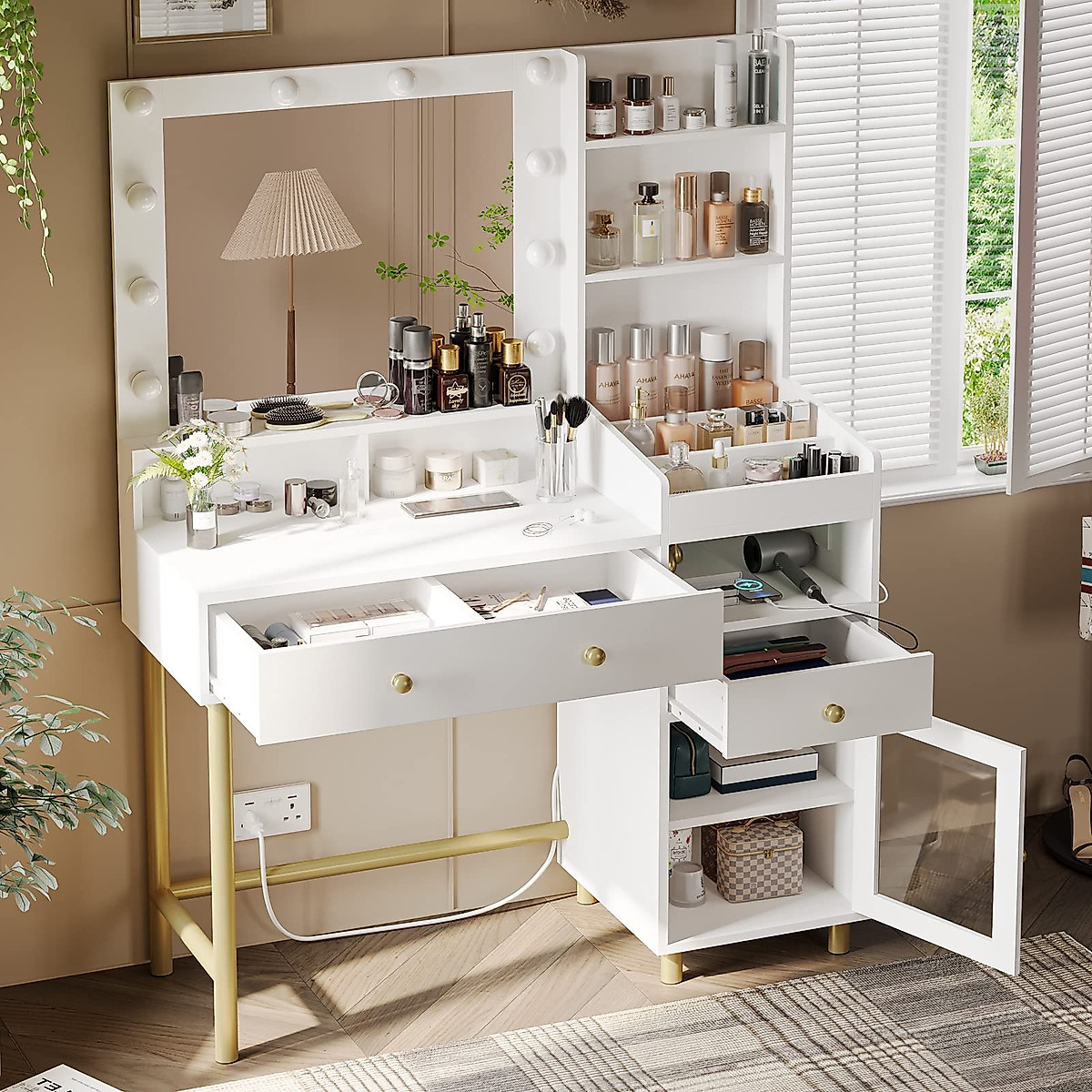 VIAGDO White Vanity Desk with Mirror and Lights, Makeup Vanity with Charging Station & 3 Storage Compartments, Makeup Desk with Drawers and Open Storage Shelves, Bedroom Dressing Table