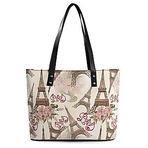 Womens Handbag Eiffel Tower With Flowers Leather Tote Bag Top Handle Satchel Bags For Lady