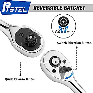 PTSTEL 14 Pieces Socket Wrench Kit, 1/4” Drive Socket Set with 72 Teeth Release Ratchet Wrench and Extension Bar, CR-V Sockets