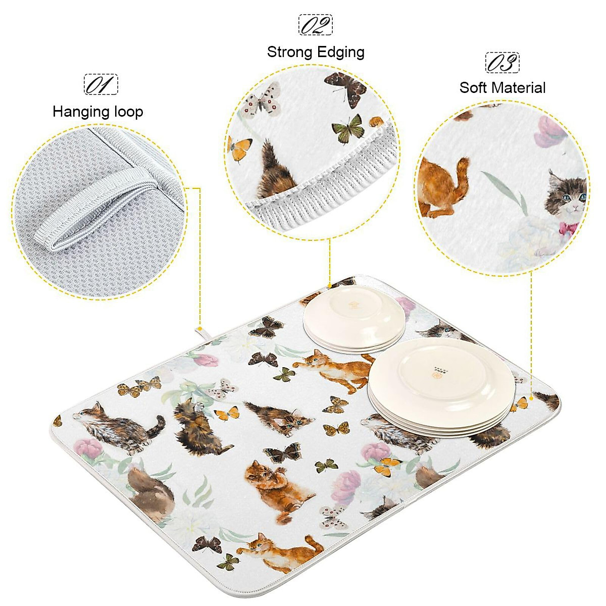 JUMBEAR Cat Butterflies Dish Drying Mat Absorbent Reversible Dish Drainer Pad Tableware Mat for Kitchen Countertop Home Decoration, 16 x 18 Inch