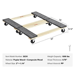 VEVOR Hardwood Furniture Moving Dolly, 30 in. x 18 in. 4 x 3 PP Swivel Casters, Heavy Duty Wooden Mover Dollies, Moving Cart with Wheels for Heavy Furniture, 1000 lbs. Capacity, Two Pack