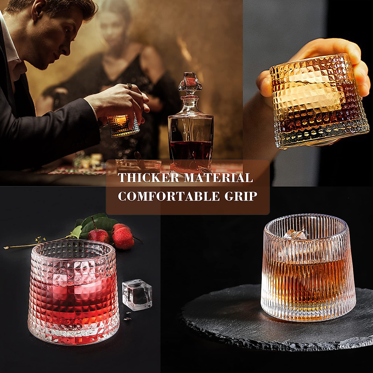 Generic, Whiskey Glasses-Premium 5 OZ Scotch Glasses Set of 3 Old Fashioned Spherical Bottom Rotatable Crystal Cocktail Glass Bourbon Glasses Rum Glasses Bar Whiskey Glasses, Clear