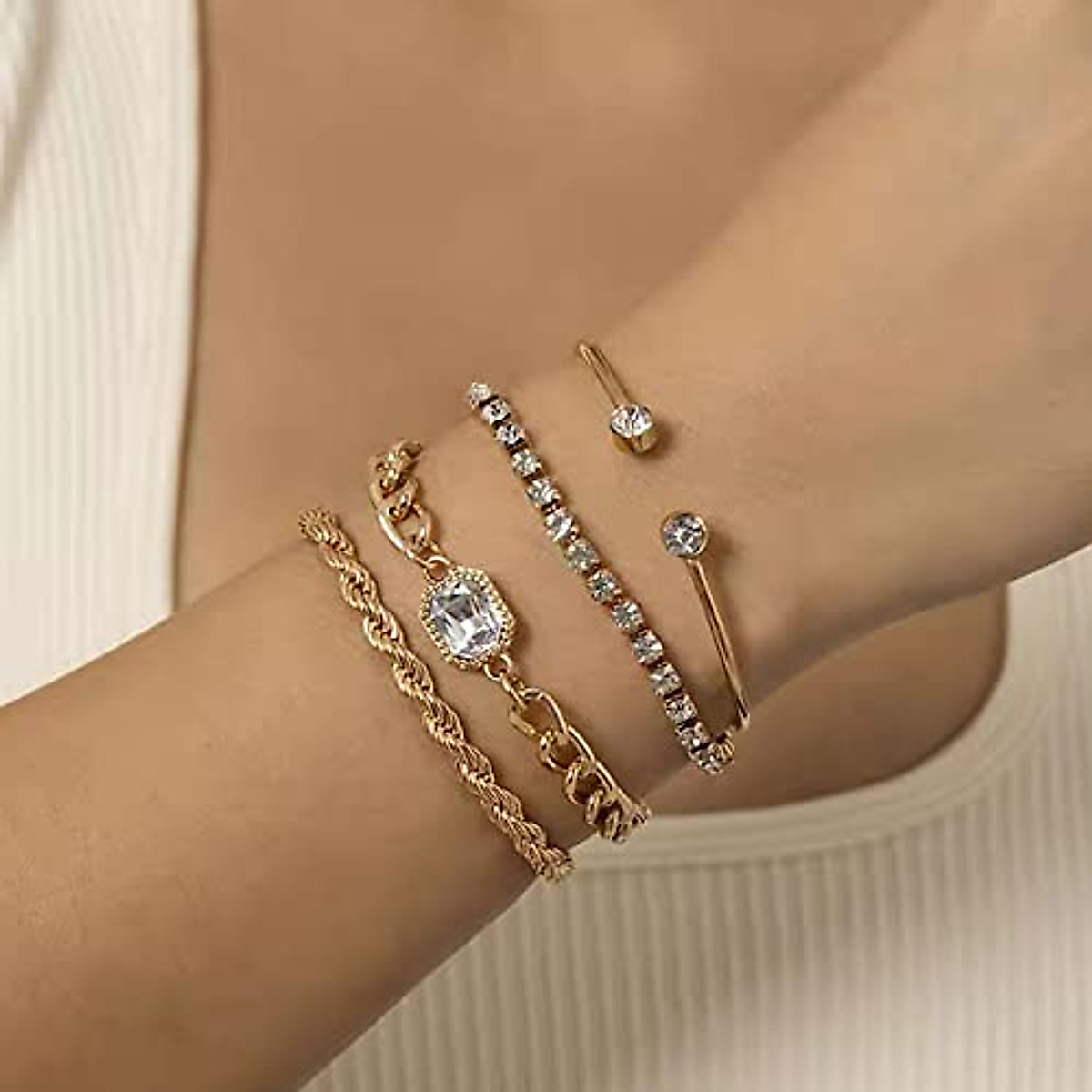 IFKM Gold Bracelet For Women Girls Dainty 14k Gold Plated Bangle Bracelets Set Adjustable Tennis CZ Twisted Chain Link Bangle Bracelet Layered Charm Jewelry Gift For Anniversary (Gold)