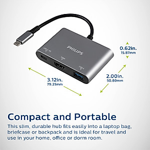 Philips USB C Hub to Multiport Adapter, 3 in 1 Power Pass Through, HDMI 4k@30Hz, 60W USB C Charging Port, 5Gbps USB 3.0 Port for MacBook Pro, MacBook Air, UCB C Laptop Docking Station, DLK9220C/27