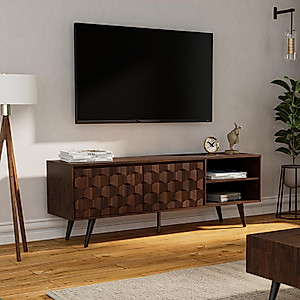 Bme Georgina 65 Inch Solid Wood TV Stand, Under 10 Minutes Assembly Entertainment Center with Storage, Geometric Pattern TV Console for Living Room, Bedroom, Dinning Room - Walnut