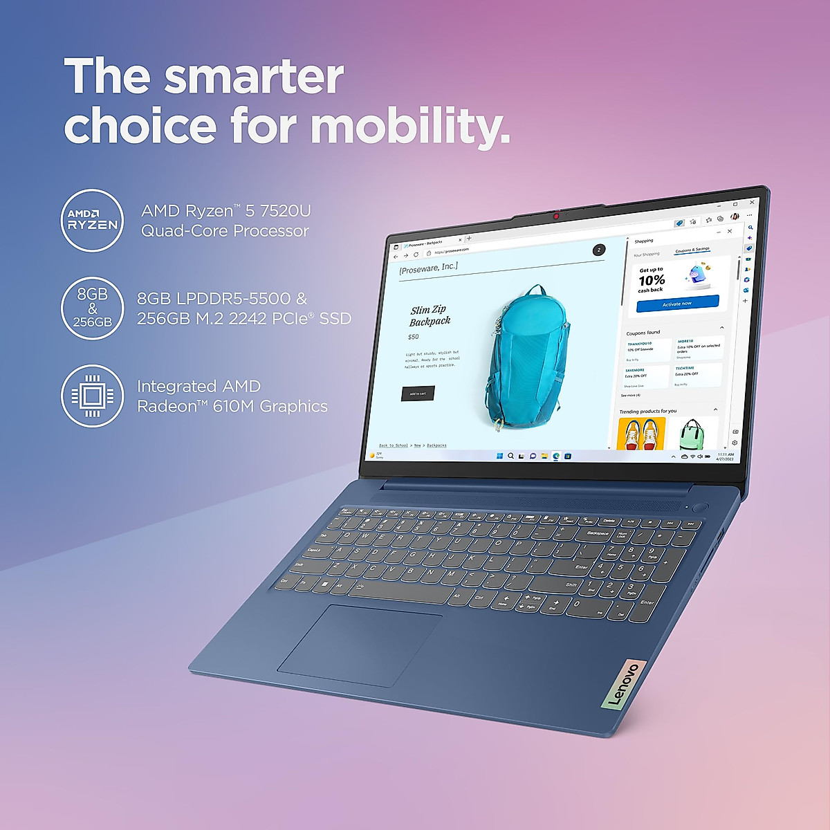 Lenovo IdeaPad Slim 3 - (2023) - Everyday Laptop - Lightweight - Windows 11-15.6" FHD - 8GB Memory - 256GB Storage - AMD Ryzen 5 7520U - Abyss Blue