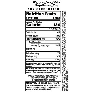 Monster Energy Hydro Energy Water, Purple Passion, 20 Fl Oz (Pack of 12)