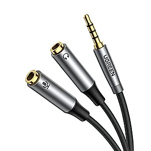UGREEN Headphone Splitter Headset Splitter Audio Mic Y Adapter Braided 3.5mm TRRS Male to 2 Female Cable with MIC Compatible with PS5 PS4 Xbox One Controller, Phone to Earphone, Gaming Speaker