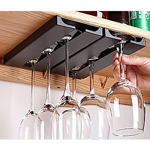 Manwo 2 Pack Wine Glass Holder Under Shelf or Cabinet Punch-free Wine Glass Rack Plastic Stemware Rack Glassware Drying Storage Hanger for Kitchen,Bar and Restaurant(Black)
