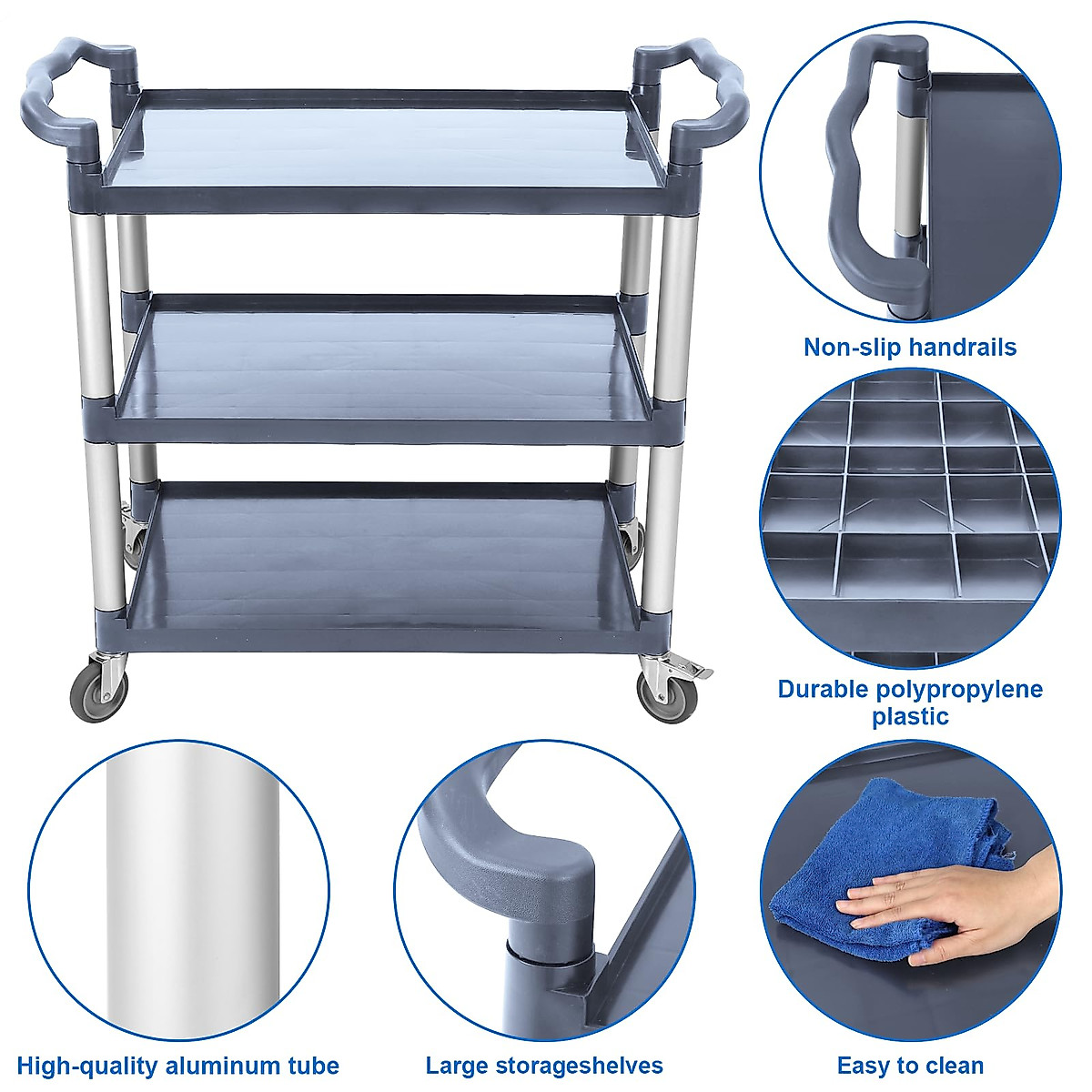 Gravee Service Cart Heavy Duty 3-Shelf Rolling Utility/Push Cart with Lockable Wheels, 360 lbs. Capacity, Black, for Foodservice/Restaurant/Cleaning grey