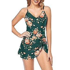 Husmeu Womens Modest One Piece Swimsuits Swimdress Slimming Swim Dress Bathing Suit for Women Tummy Control Swimwear Swimdress Floral Printed XL