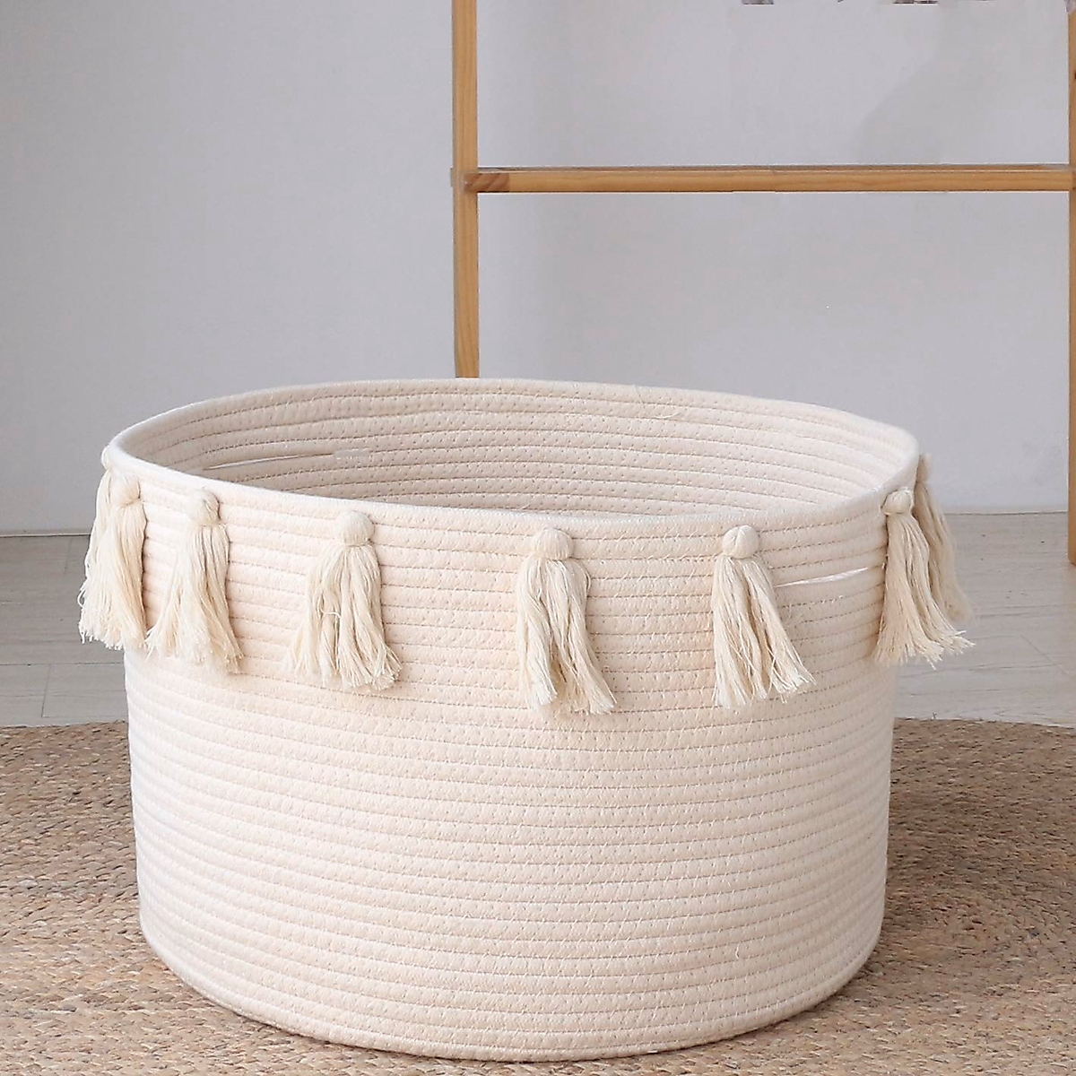 ABETREE Tassel Woven Storage Laundry Basket 17.7" x 11.8" with Handle Cotton Hamper Nursery Basket Blanket Baby Toy Storage Organizer