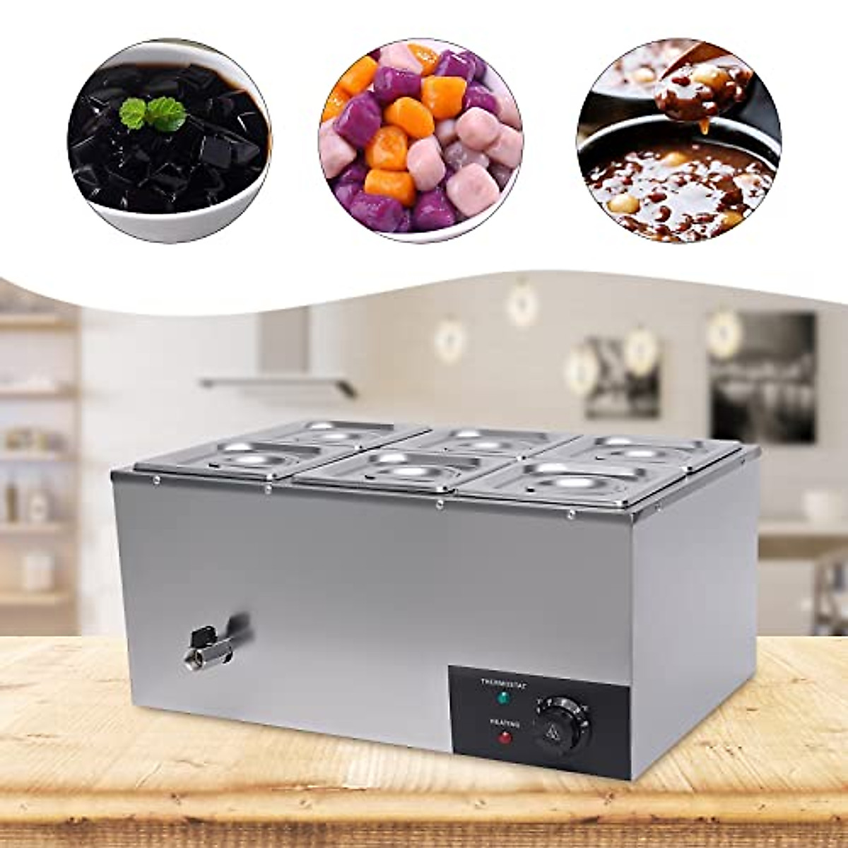 YUMIONB Commercial Food Warmer, 110V 600W Stainless Steel Food Warmer Electric Food Warmer Adjustable Temperature 30-85°C/86-185℉ Portable Food Warmer with 6 Pans for Home, Restaurants, Parties