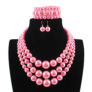 KOSMOS-LI Large Pearl Jewelry Set 3 Layer Simulated Pink Pearl Women's Statement 18" Necklace Bracelet and Earrings