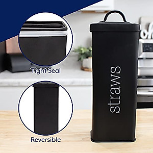 AuldHome Farmhouse Enamelware Straw Holder (Black); Retro Metal Straw Storage Canister