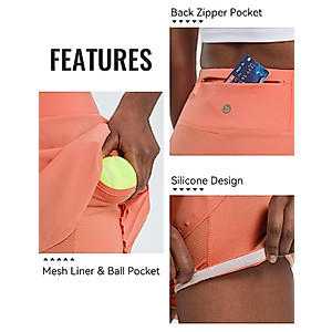 BALEAF Women's Pleated Tennis Skirts High Waisted Lightweight Athletic Golf Skorts Skirts with Shorts Pockets Scorched Red Coral Small