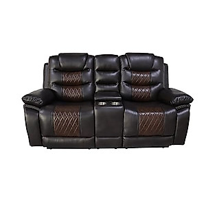 New Classic Furniture Nikko Faux Leather Manual Console Loveseat with Dual Recliners, Brown