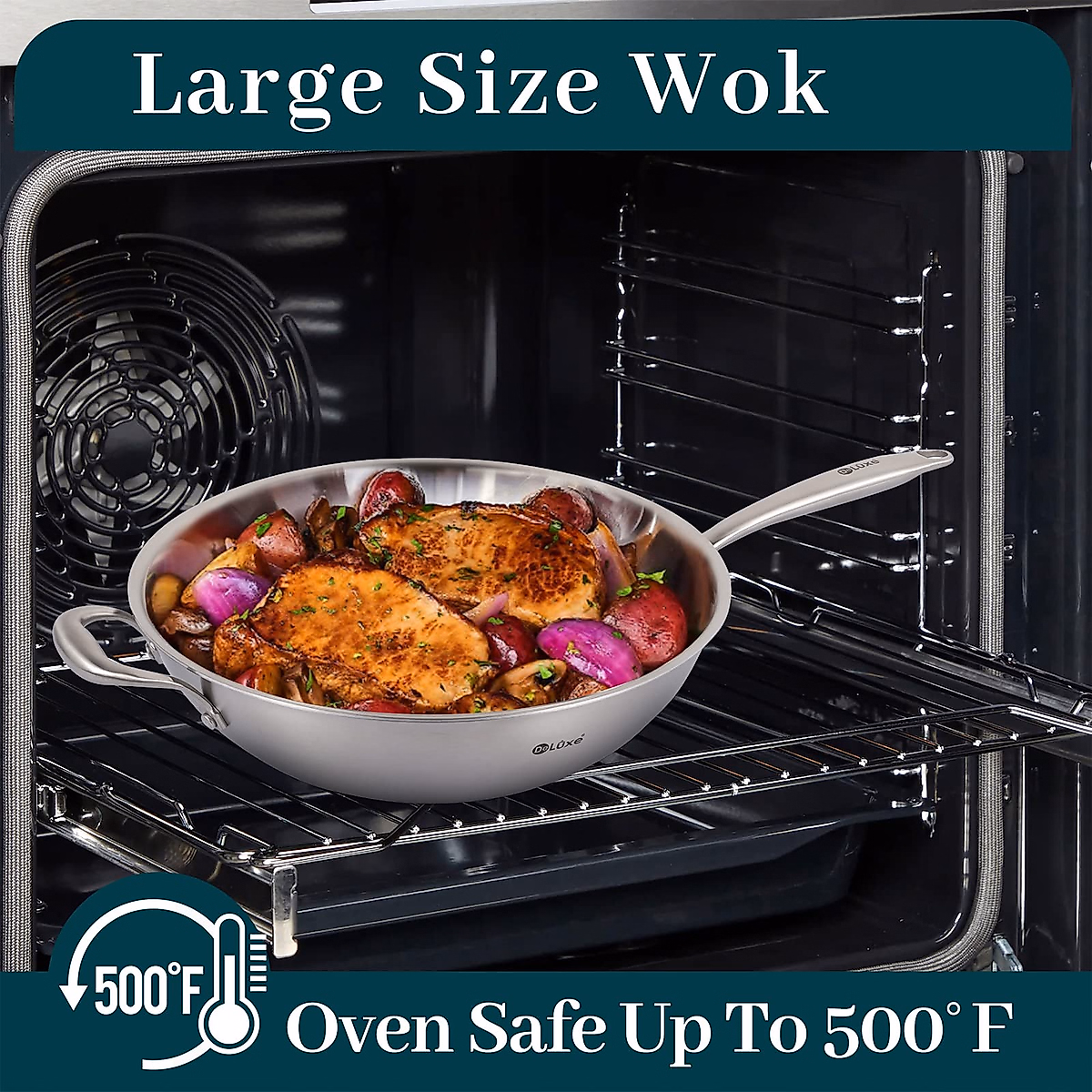 DELUXE Stainless Steel Wok Pan, 12.5" Stir Fry Pan with Steel Lid, 3-Ply Kitchen Cookware Stay-Cool Handle Large Cooking Pot for Induction Cooktop Electric Gas Ceramic, Dishwasher Oven Safe