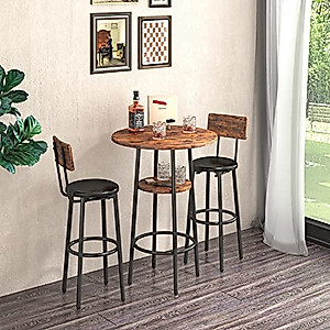 WIIS' IDEA 3-Piece Small Bar Dining Table Set for 2, Round Kitchen Table & 2 Barstools Chairs with PU Soft Seat and Backrest for Breakfast Nook, Small Space, Apartment, Rustic Brown