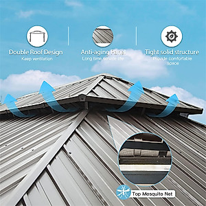 12'x20' Hardtop Gazebo, Outdoor Cedar Wood Frame Canopy with Galvanized Steel Double Roof, Outdoor Permanent Metal Pavilion with Curtains and Netting for Patio, Backyard and Lawn(Brown)