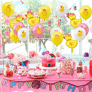 Sratte 40 Pcs Duck Balloon Rubber Duck Party Decorations 12 Inch Duck Shape Foil Balloons Blue Pink Yellow White Latex Balloon for Baby Shower Rubber Duck Themed Birthday Party Supplies (Bowknot)