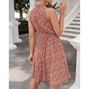 BTFBM Women 2025 Halter Neck Summer Dresses Casual Sleeveless Floral Polka Dot Print Ruffle Mini Boho Beach Sun Dress(Floral Print Red, Medium)