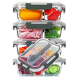 KOMUEE Glass Meal Prep Containers 2 Compartments,Glass Lunch Containers Set Glass Food Storage Containers with Lids,Glass Bento Box,Gray