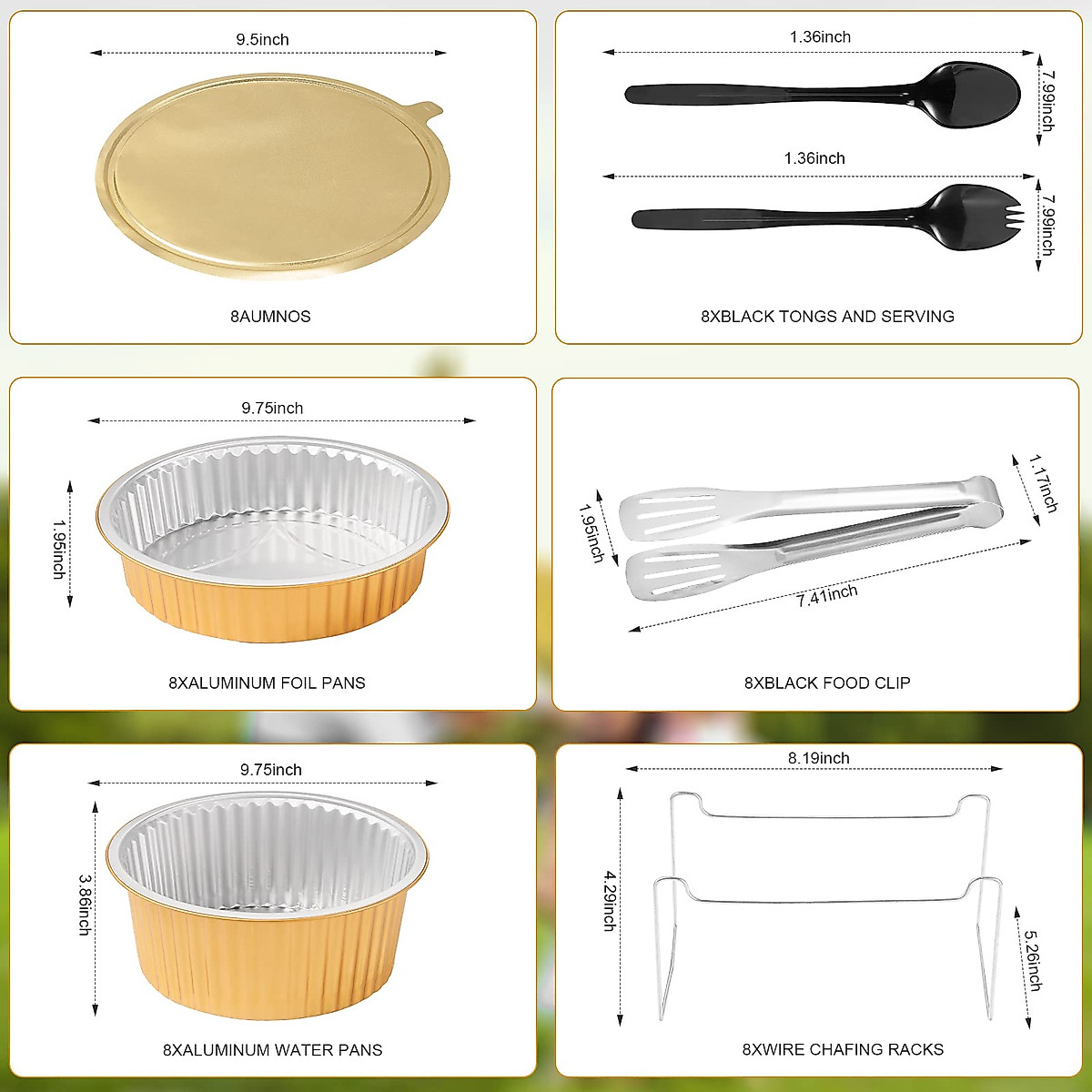 Riccioney 8 Set Disposable Chafing Dish Buffet Set Chafer Wire Racks Buffet Stand Set Food Warmer Catering Supplies Including Chafer Pans, Utensils and Buffet Stand