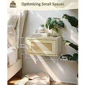 SUMGAR Floating Nightstand Set of 2 Rattan Boho Bedside Table Organiser Shelf Wall Mounted Pair of Beige Storage Display Wood Small Furniture for Bedroom Home Decor