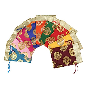 Touchstone Drawstring Bags Traditional Indian Handcrafted in Ficus Leaf Pattern Brocade fabric. Perfect for Gifts Jewelry Weddings Sweet Distribution Set of 9 Vibrant Multicolor Pouches Purses Potli.