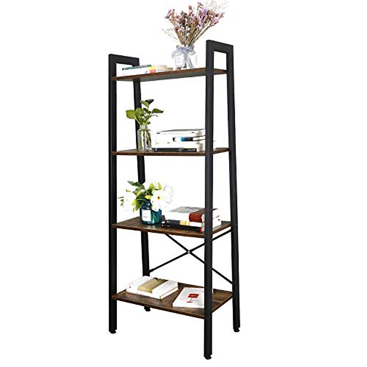 SUPER DEAL Industrial Ladder Shelf 4-Tier Bookcase Plant Book Display Furniture Storage Rack Shelf for Living Room Home Office Bedroom (Rustic Brown)