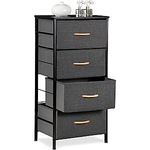 Oteymart Storage Drawers with 4 Drawers, Fabric Tower Organizer Unit for Bedroom,Living Room, Nurseries,Closet, Clothes, Steel Frame,Wood Top, Easy Pull Wood Handles Bins, Dark Gray