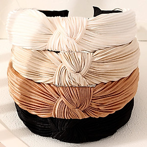 Drnytunk 4 Pack Knotted Wide Headbands for Women Girls Cute Head Wrap in Solid Color Non-slip Hair Accessories for Daily Festival Gifts(Black White Khaki Coffee)