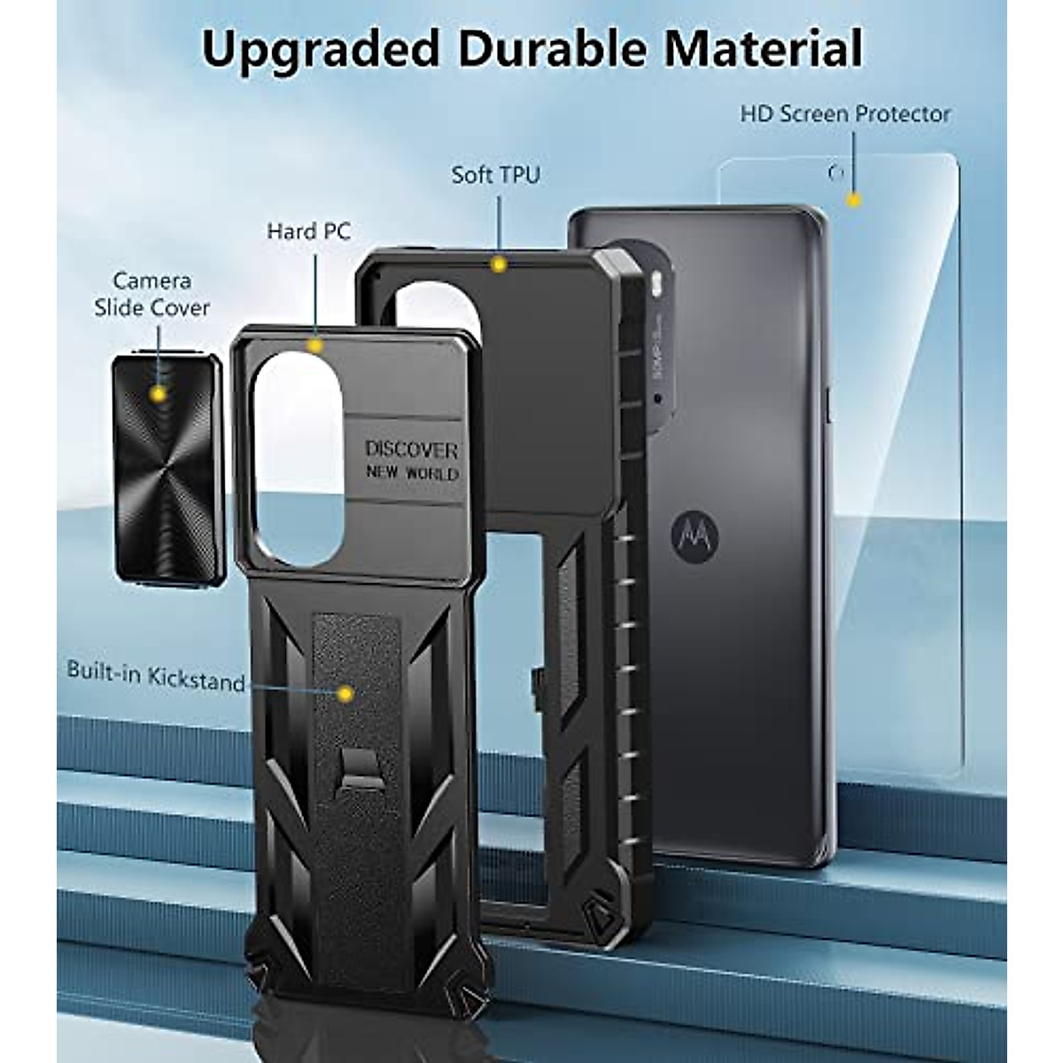 FNTCASE Military Grade Moto Edge 2022 Case: Shockproof TPU, Sturdy Kickstand & Camera Slide Cover - Black
