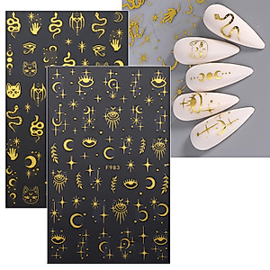 JMEOWIO 8 Sheets Moon Star Sun Nail Art Stickers Decals Self-Adhesive Pegatinas Uñas Gold Nail Supplies Nail Art Design Decoration Accessories