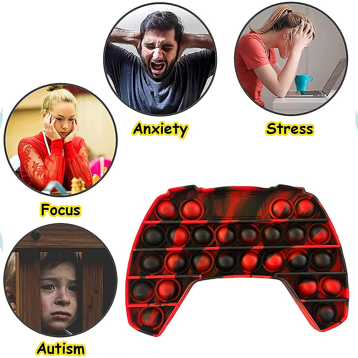 BEVEEN Game Controller Gamepad Shape Push Pop Bubble Fidget Sensory Toy,Silicone Stress Reliever Push Pop Fidget Toy, Squeeze Sensory Toy for Kids, Educational Game Toy Gift for Kids (Red / Black)