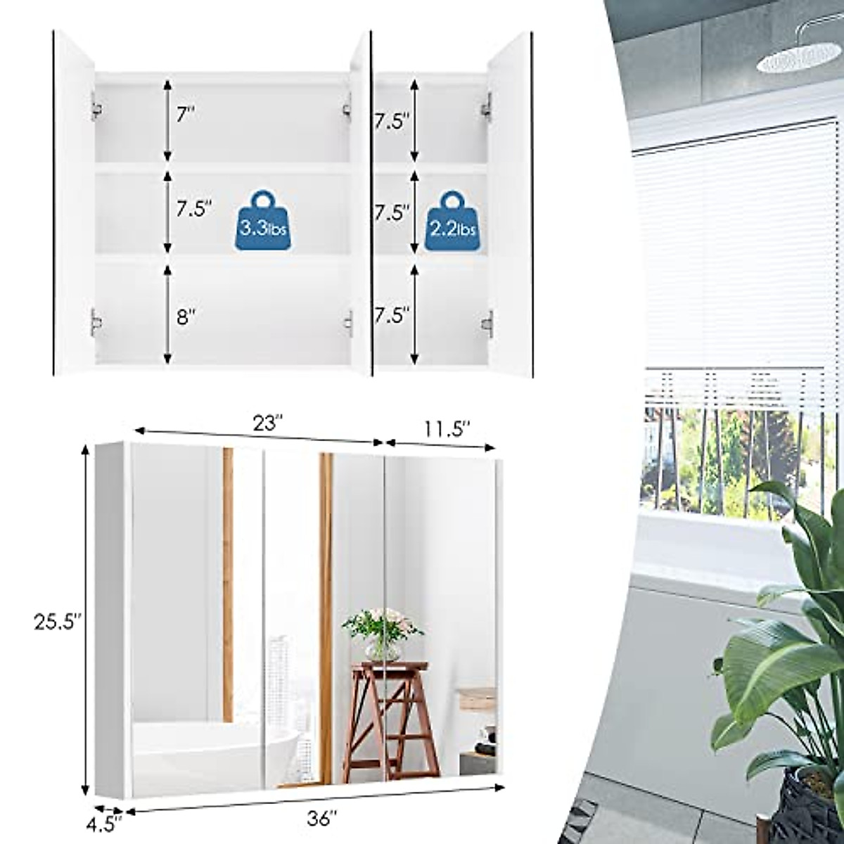 LOKO Large Bathroom Medicine Cabinet with Mirror, Wall Mounted Bathroom Cabinet with 3 Mirrored Doors & Adjustable Shelves, Triple Mirror Door Bathroom Wall Cabinet, 36 x 4.5 x 25.5 Inches